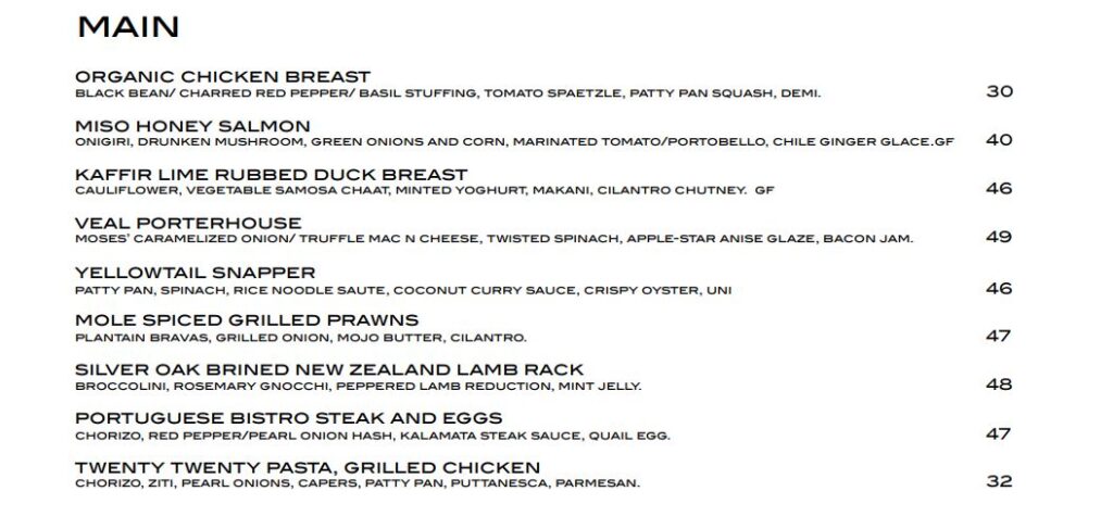 Dine in Menu - Twenty Twenty Grille